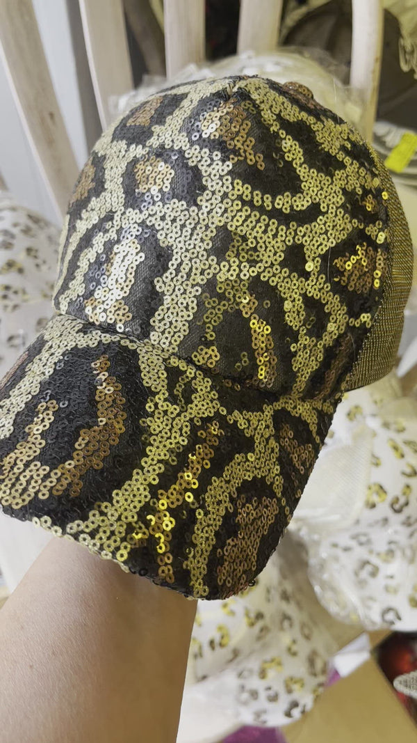 Leopard print sequin hats Black and gold Womens trucker caps – Stacy's ...