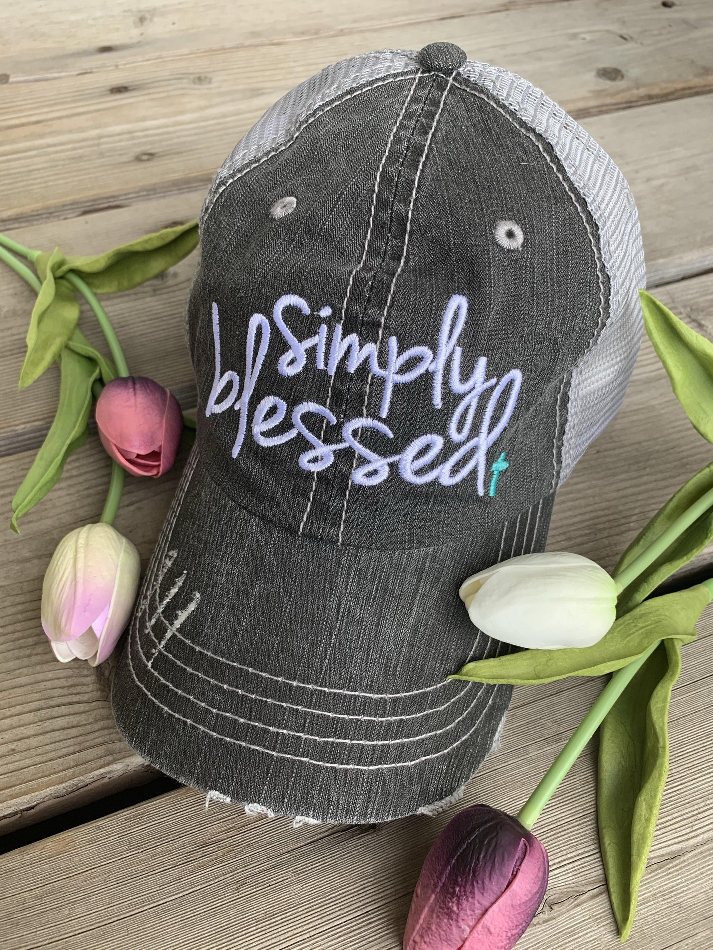 Blessed Hats { Simply Blessed } Pink or teal cross. Gray distressed tr ...
